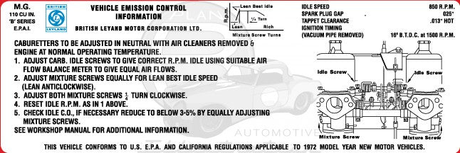 MGB Emissions Decal - 1972 — Abingdon Spares